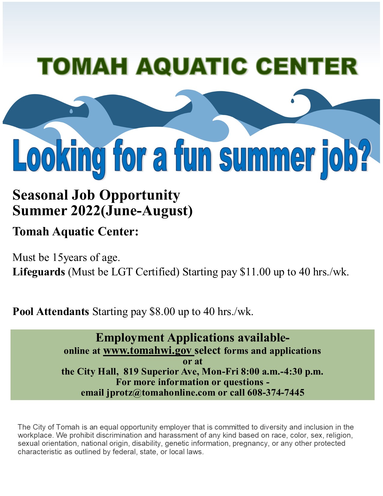 Aquatic Center Help Wanted! Work at the Pool this Summer! | Tomah Wisconsin